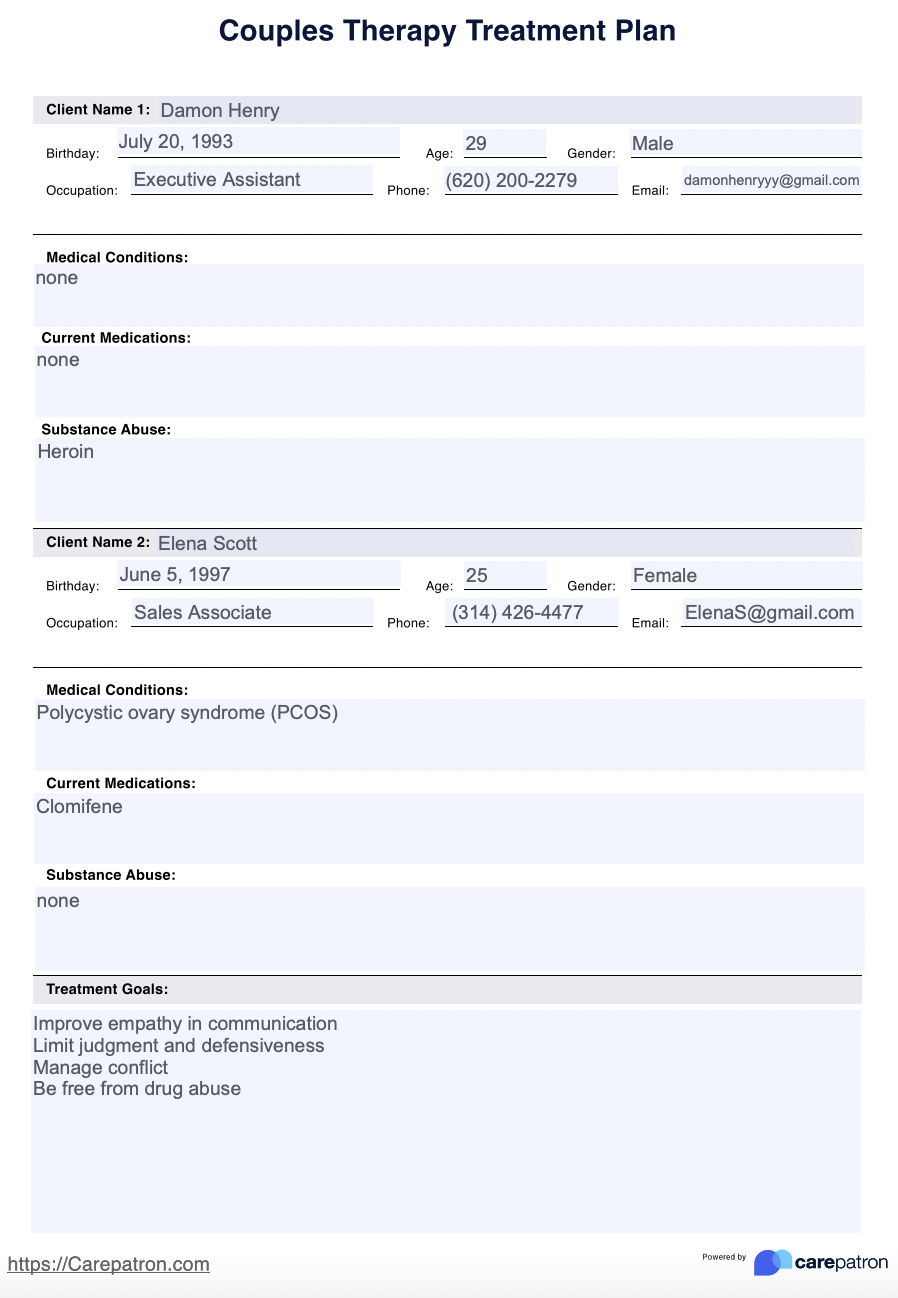 Couples Therapy Treatment Plan Example Free PDF Download